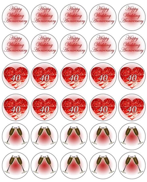 40TH RUBY WEDDING Anniversary Cupcake Toppers Edible Icing Wafer Decor ...