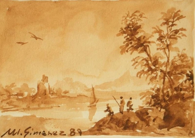 ORIGINAL SEPIA WATERCOLOUR painting; signed M. Gimenez, dated 1989 £55. ...