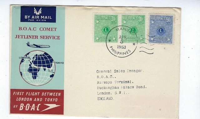 1953 MANILA PHILIPPINE Island to London UK BOAC First Flight Airmail ...