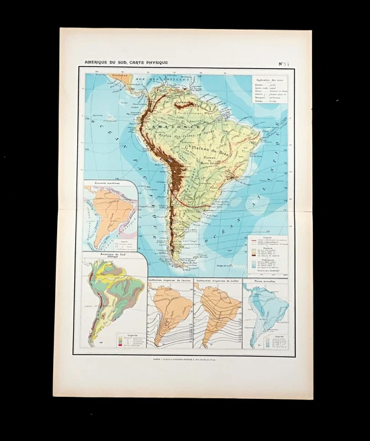 SOUTH AMERICA MAP Physical Geography Amazonia Geological FRENCH Antique ...