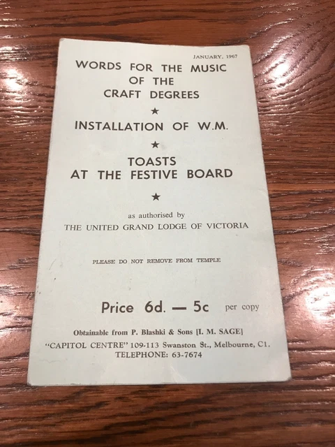 VINTAGE MASONIC LODGE Victoria Grand Australia Craft Degrees 1967 ...