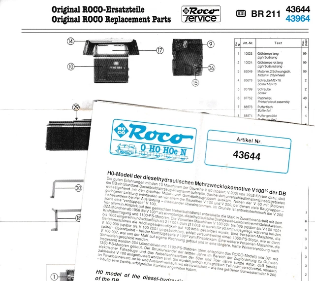 ROCO H0 LOKOMOTIVEN, Bedienungsanleitung u Ersatzteilliste, BR V100 ...