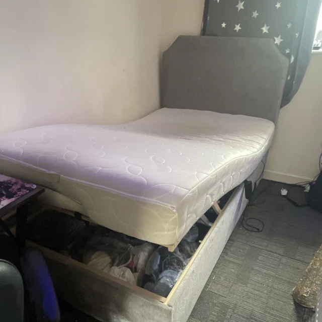 GREY SINGLE STORAGE Bed, Electric Adjustable Base, Memory Foam Mattress ...