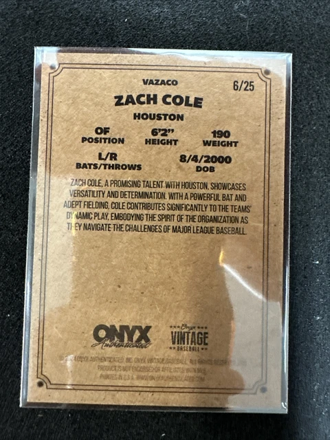ZACH COLE 2024 ONYX VINTAGE BASEBALL SUR CARTE AUTO encre rouge bordure ...