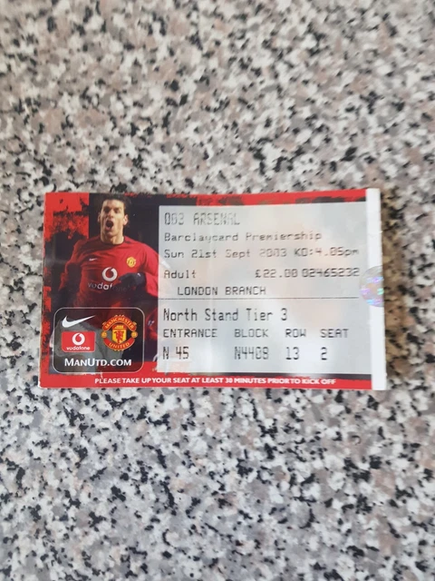 MATCH TICKET PREMIER LEAGUE MAN UTD V ARSENAL 21st sept 2003 £1.79 ...