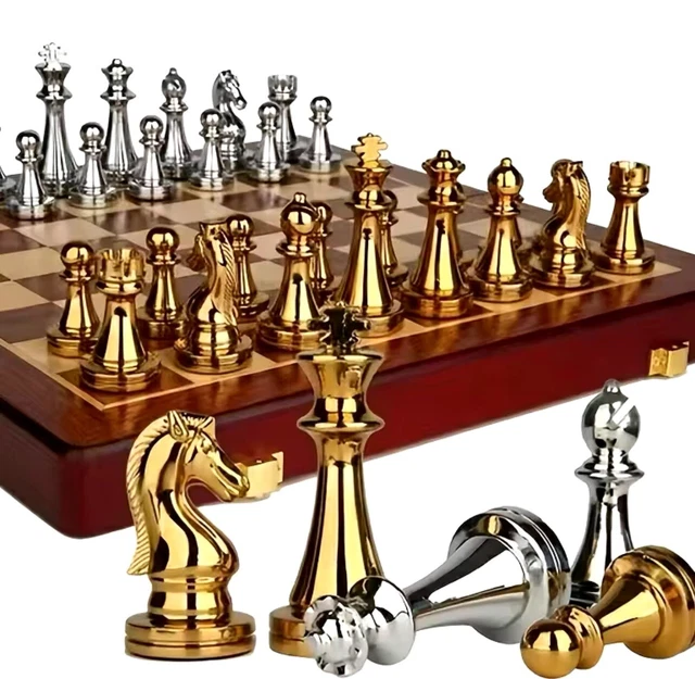 LUXURY CHESS SET Mental Wooden Chess Board Gold Chess Pieces, Christmas ...