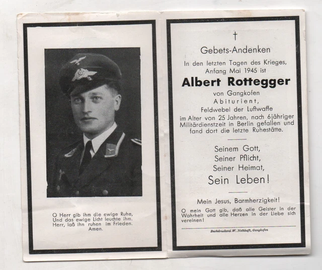 ORIGINAL-WW2 GERMAN DEATH Card Albert Rottegger-Luftwaffe- May 1945 ...