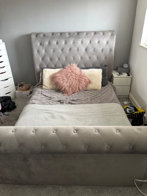 CHESTERFIELD OTTOMAN GAS Lift Storage Bed Frame Plush Grey Velvet ...