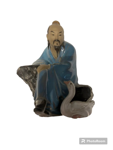 VINTAGE SHIWAN CHINESE Mud Man Sitting On A Rock With A Goose Pottery ...
