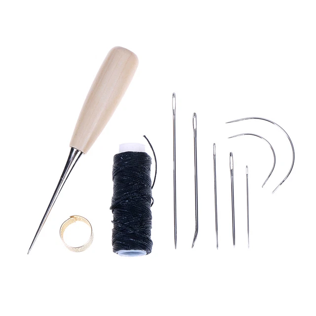LEATHER SEWING NEEDLES Stitching Awl Needle Set Thread Thimble Hand ...