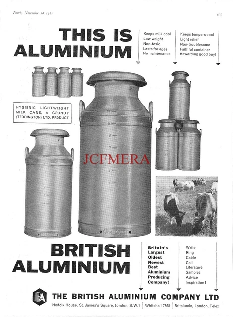 BRITISH ALUMINIUM CO. Ltd. Milk Churns ADVERT Vintage 1960 Print Ad 692 ...