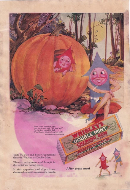 1928 WRIGLEY'S DOUBLE Mint Gum Print Ad 8"x11" Pumpkin Forest Elves $16 ...