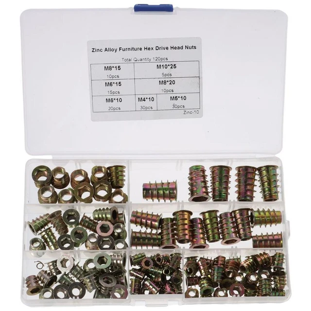 120PCS M4 M5 M6 M8 M10 Threaded Inserts for Wood Screw-in Nut Wood ...