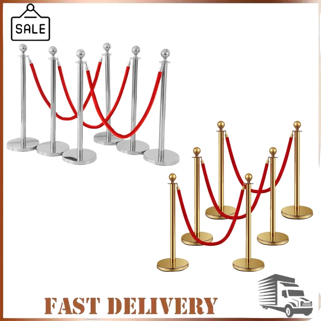 CROWD CONTROL STANCHION Set VIP Queue Barrier Poles w/ Red Velvet Ropes ...