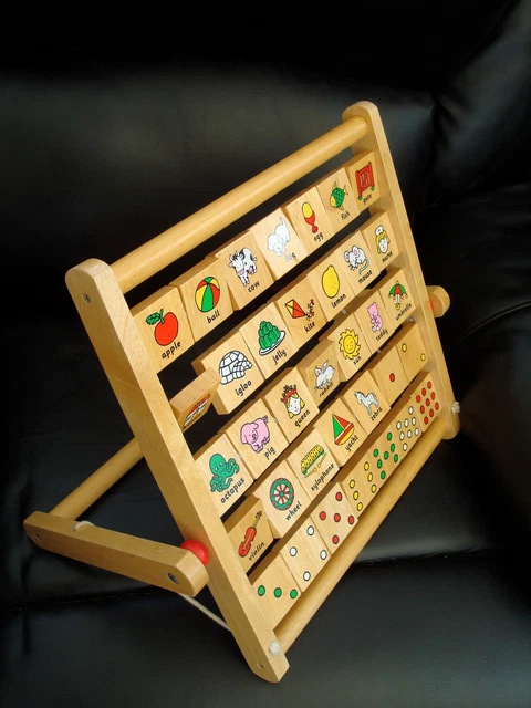 WOODEN ABACUS STYLE Alphabet And Numbers Flip Turning Blocks Easel ...