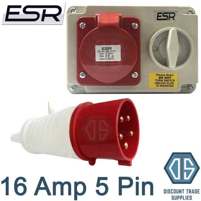 16 AMP 5 Pin Interlock Socket Switch with Industrial Trailing Plug IP44 ...