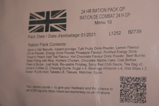 RATION PACK BRITISH army out of date menu 10 Hunters chicken Beef ...
