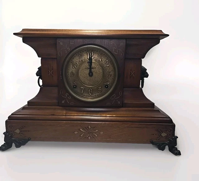 E INGRAHAM 8 Day Mantle Table Clock Lion Footer Glass Brass Number ...