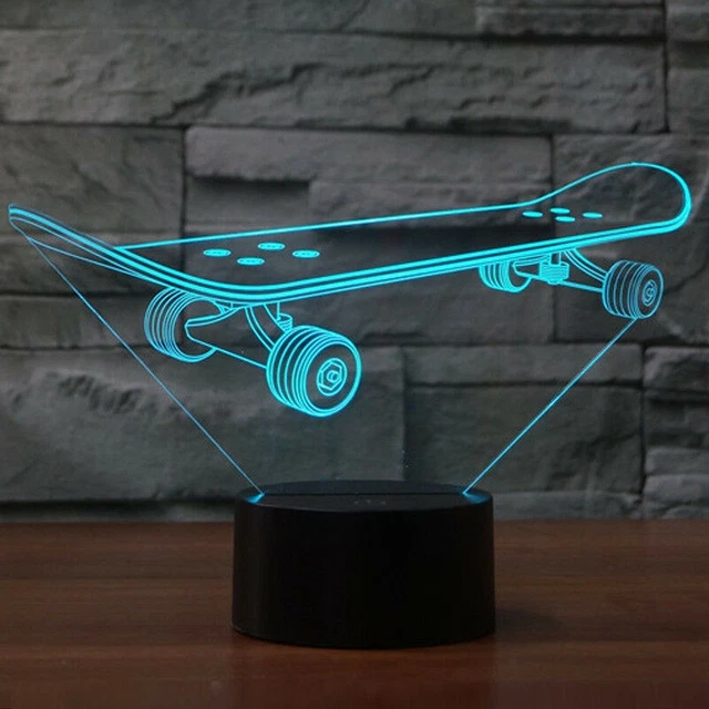 TABLE DESK LAMP Home Kids Gift Skateboard USB Charger LED 3D 7 Color ...