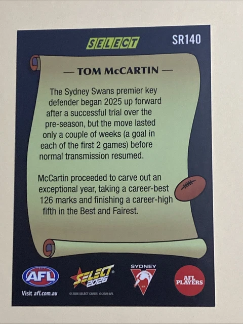 TOM MCCARTIN SYDNEY Swans 2026 AFL Select Footy Stars Rewind Limited ...