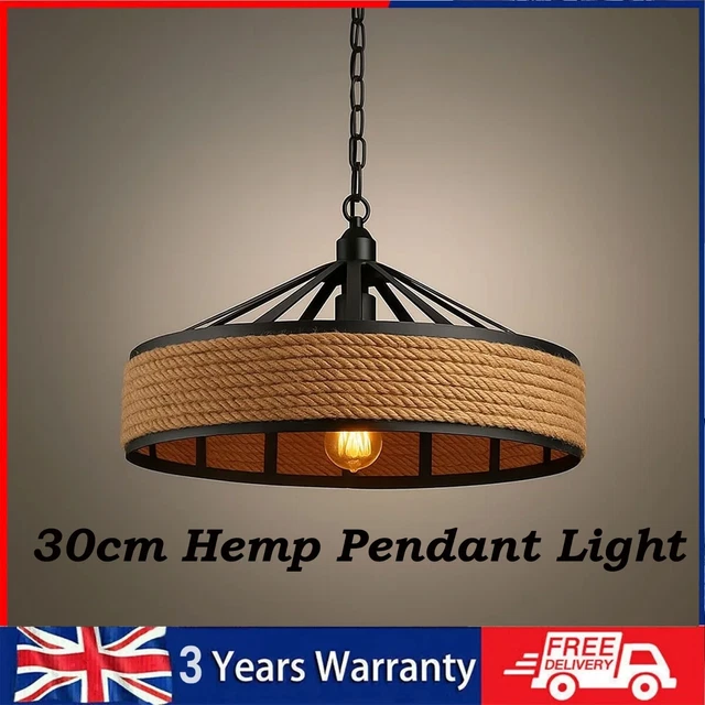 VINTAGE CEILING PENDANT Light Industrial Loft Hemp Rope Metal Hanging ...