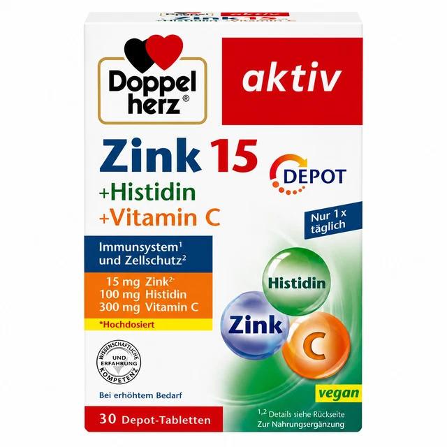 DOPPELHERZ ACTIVE ZINC 15mg Histidine Vitamin C Depot 30 Tablets Vegan ...