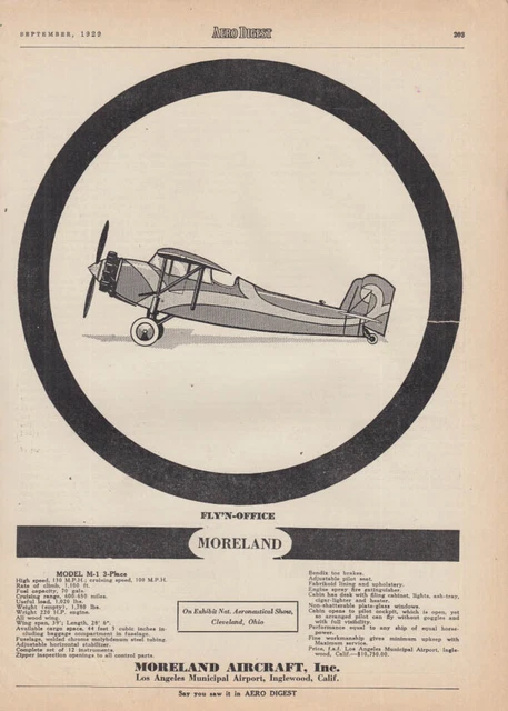 MORELAND FLY'N OFFICE Model M-1 3-place monoplane ad 1929 £9.52 ...