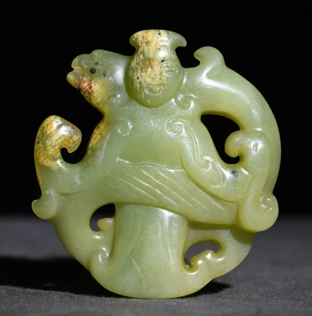5CM OLD GREEN Jade Carve Dragon Beast People YuBi Pendant Drago ...