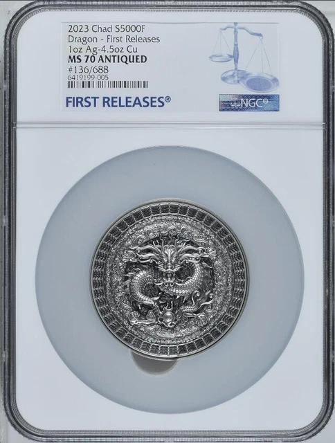 NGC MS70 FR Chad 2023 Chinese Dragon Coin 1oz Silver + 4.5oz Cu COA ...