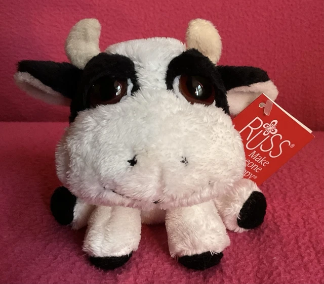 RUSS BERRIE CHARLIE Black & White Cow Big Eye Soft Plush Toy Small 5 ...