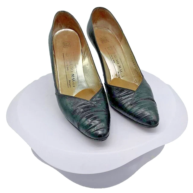 BRUNO MAGLI SCHWARZ Größe 7 AA Pumps Eidechsenhaut Leder Schuhe Made in ...
