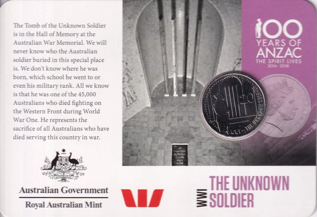 AUSTRALIA: 2015 20 Cent Coin Wwi The Unknown Soldier 100 Years Of Anzac ...