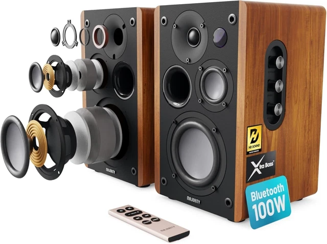 BLUETOOTH BOOKSHELF SPEAKERS 100W HiFi Stereo 3 Drivers Xtra Bass USB ...