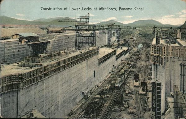 CONSTRUCTION D'ÉCLUSES INFÉRIEURES à Miraflores, canal de Panama carte ...