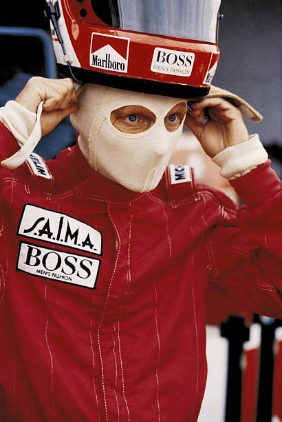 AUSTRIAN CAR RACING driver Niki Lauda wearing helmet before ge- 1984 ...