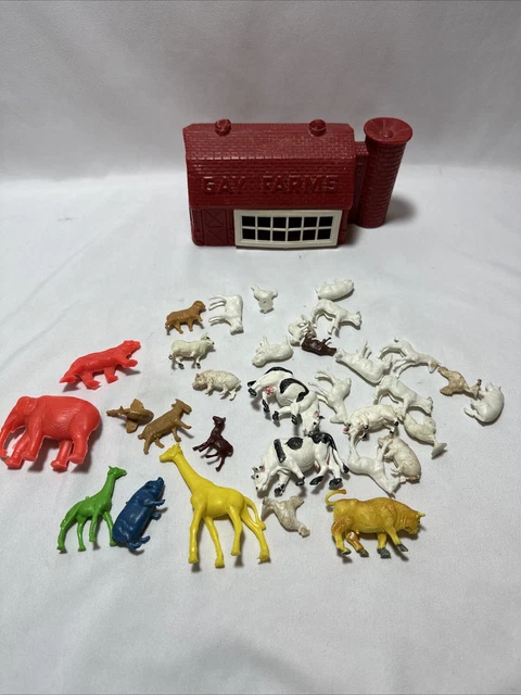 VINTAGE GAY FARMS Red Barn with animals Retro Toy Animal Lot Vtg Cow ...