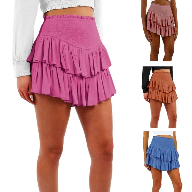 SOLID COLOR MINI Skirt for Women Smocked High Waist Tiered Ruffle ...