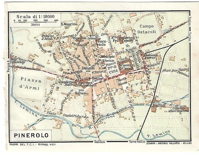 CARTA GEOGRAFICA ANTICA PINEROLO Pianta della città TORINO TCI 1916 ...