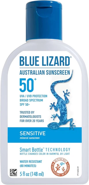 BLUE LIZARD SENSITIVE Mineral Sunscreen with Zinc Oxide, SPF 50+, Water ...
