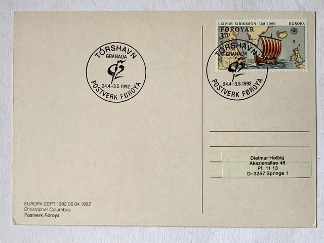 BARCA VICHINGA DELLE Isole Faroe Leif Erikson timbrata 1992 cartolina ...
