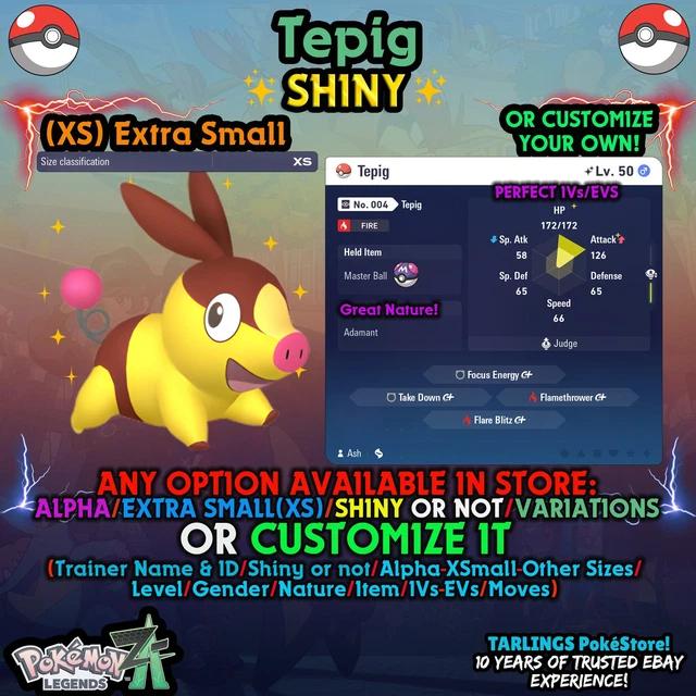 POKEMON LEGENDS ZA 🦖 Tepig SHINY EXTRA SMALL LVL50 🎗️ IVs/EVs/Nature 🎗️ ...