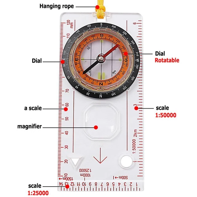 TRANSPARENT HIKING SCALE Map Ruler Compass Orienteering Navigation ...