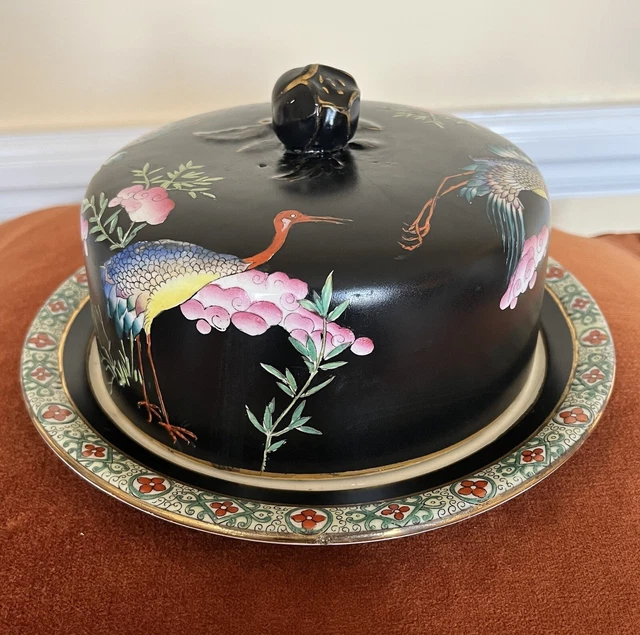 RARE VINTAGE MALING Cetem Ware Black with Oriental Birds cheese Dish ...