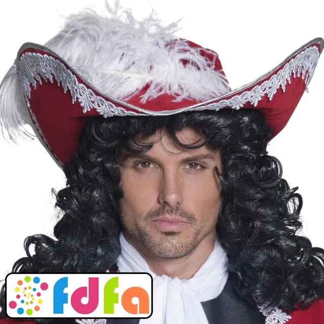 SMIFFYS AUTHENTIC PIRATE Hat Red Silver Trim Feather Adults Mens Fancy ...