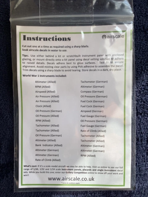 AIRSCALE MODEL AIRCRAFT WW1 Cockpit Instrument Dial decals -1/48 scale ...