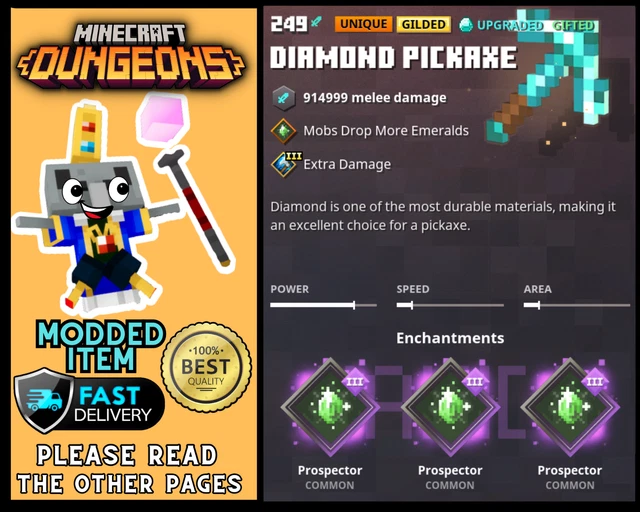 MINECRAFT DUNGEONS -DIAMOND Pickaxe (Perfect Emeralds) PS4 PS5 Xbox ...