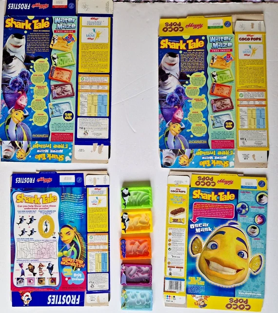2004 KELLOGGS CEREAL Coco Pops Shark Tales Water Maze Set & 4 Packet ...