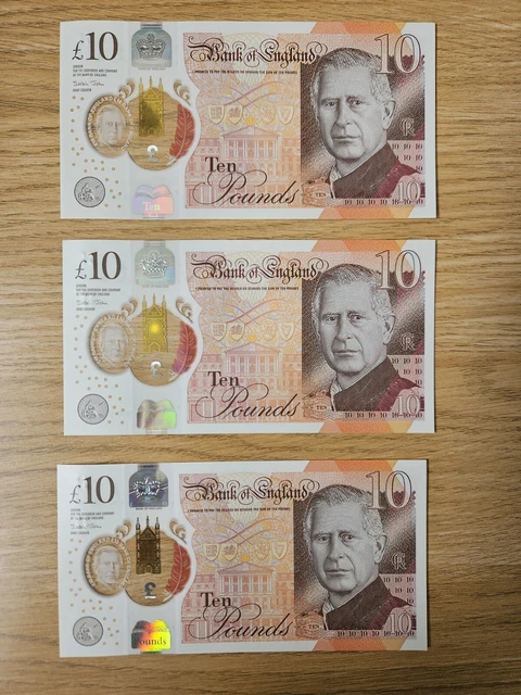 NEW KING CHARLES 10 Pound Note X3 - All Consecutive Notes - HB50944 £49 ...
