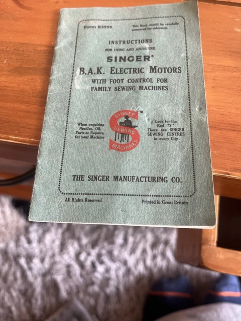 VINTAGE SINGER SEWING Machine BAK Electric Motors Instruction Booklet ...