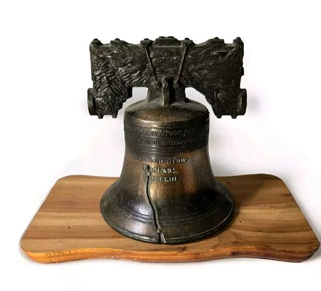 BICENTENNIAL LIBERTY BELL replica souvenir Cast Bronze vintage W/ Wood ...